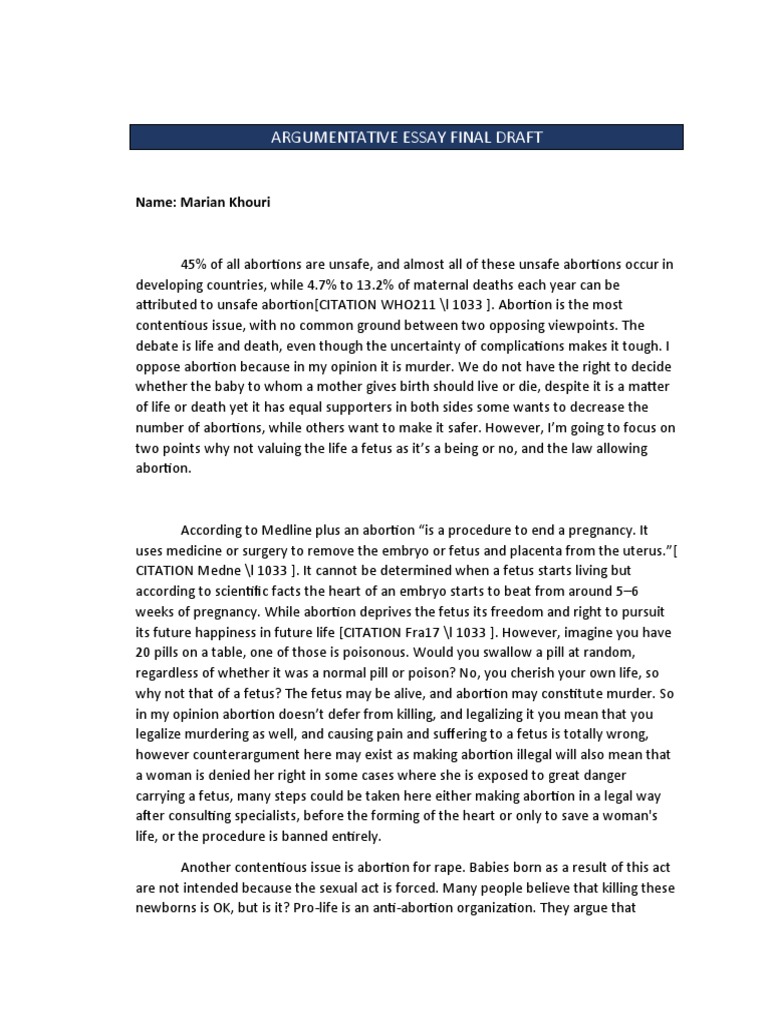 Argumentative Essay Final Draft | PDF | Abortion | Social Science