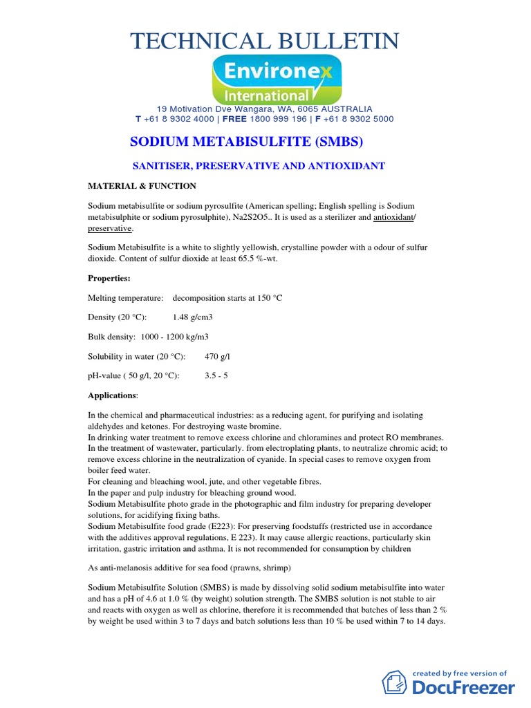 Technical Bulletin: Sodium Metabisulfite (SMBS) | PDF | Chlorine | Bleach