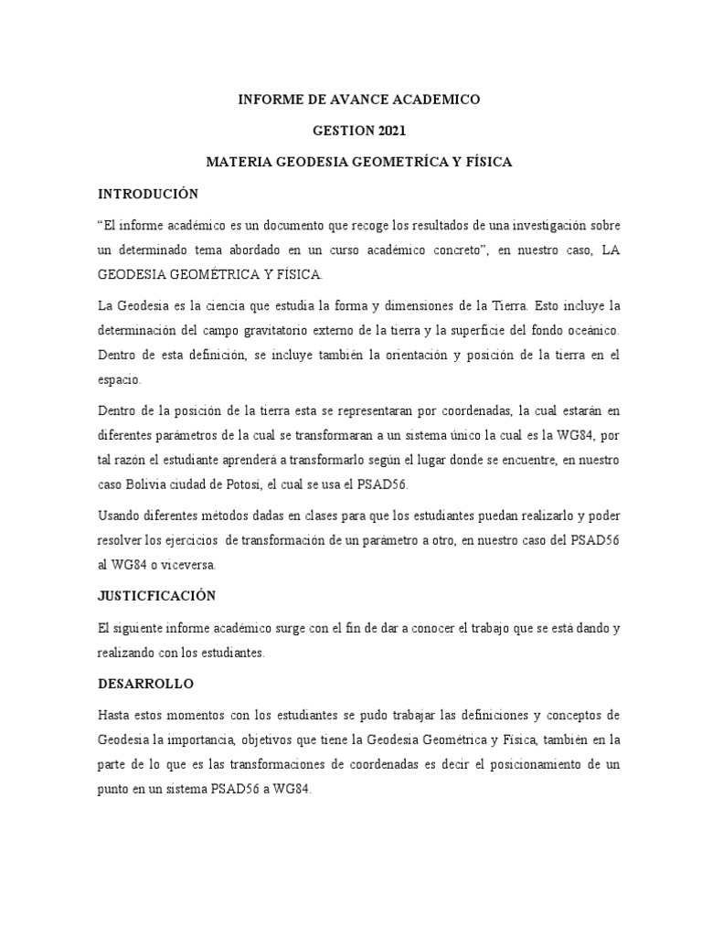 Informe de Avance Academico 2021 | PDF | Geodesia | Geometría