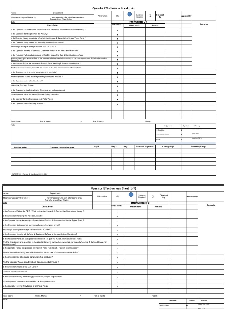Operator Effectiveness Sheet (L-4) : Checked by | PDF
