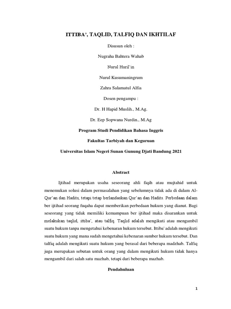 Ittiba', Taqlid, Talfiq Dan Ikhtilaf - Kel 11-1 | PDF