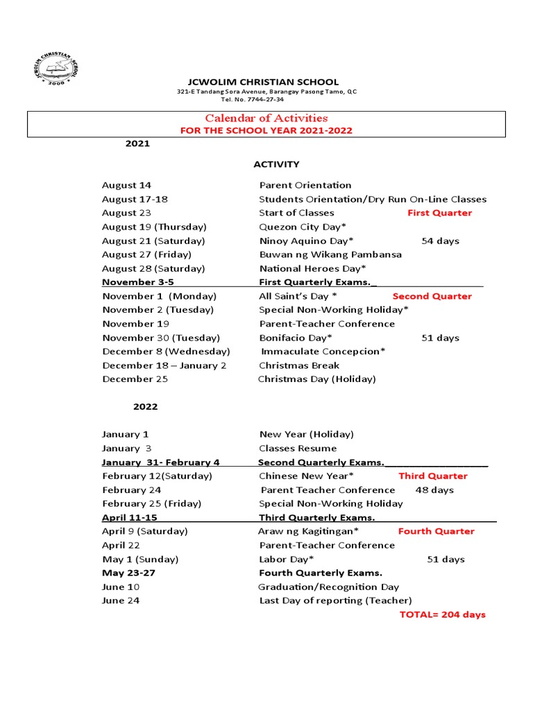 CALENDAR OF ACTIVITIES 2021 2022 Deped | PDF