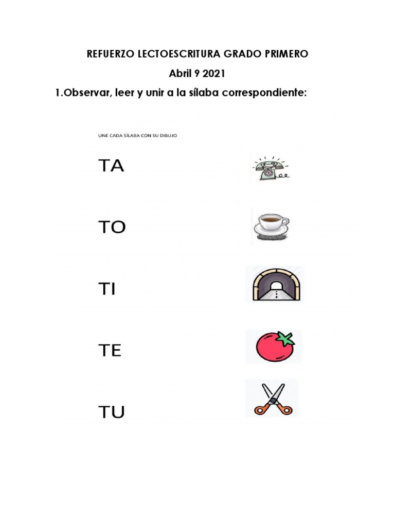 REFUERZO LECTOESCRITURA GRADO PRIMERO Abril 9 | PDF