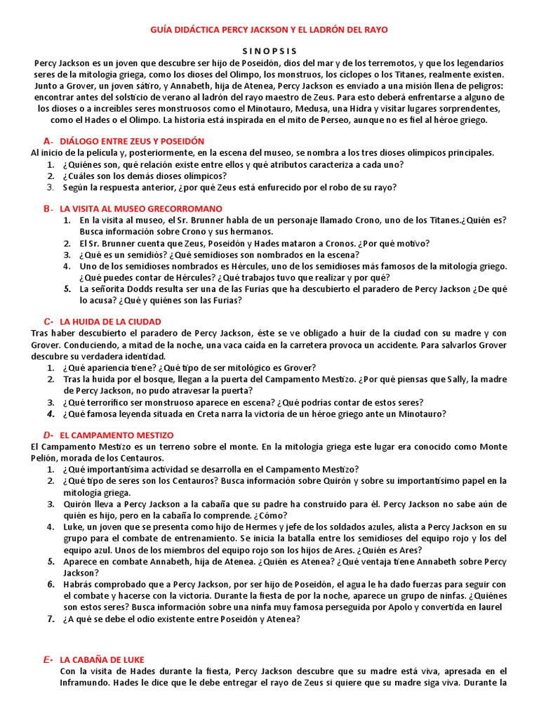 Guía Didáctica Percy Jackson y El Ladrón Del Rayo | PDF | infierno ...