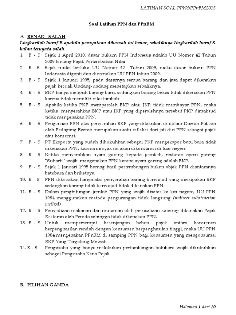 Latihan Soal PPN dan PPnBM 2015 | PDF | Pengelolaan Keuangan & Uang