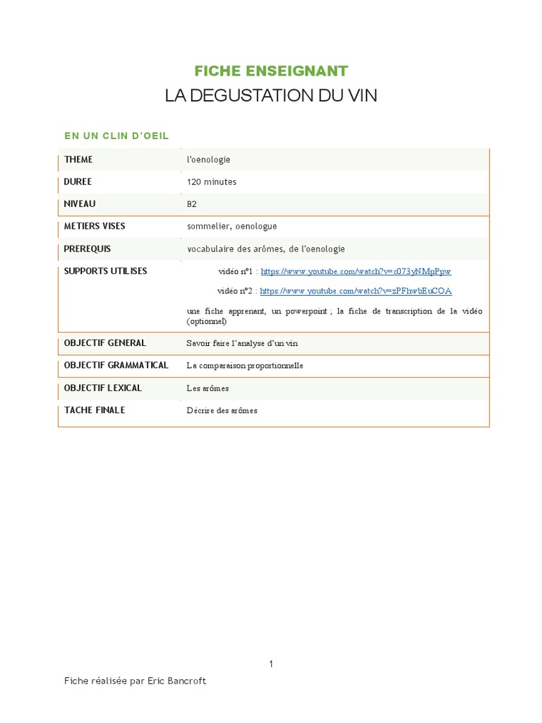 Fiche Enseignant Dégustation | PDF | Dégustation de vins | Vins