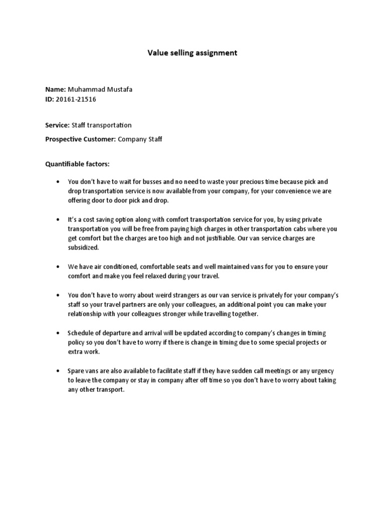 Value Selling Assignment: Name: Muhammad Mustafa ID: 20161-21516 | PDF