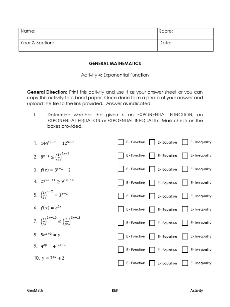 Activity 4 Exponential Functions | PDF | Equations | Exponential Function