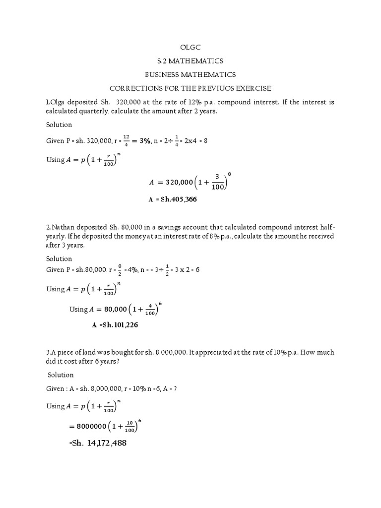 Calculations for Business Mathematics Exercises | PDF | Interest ...