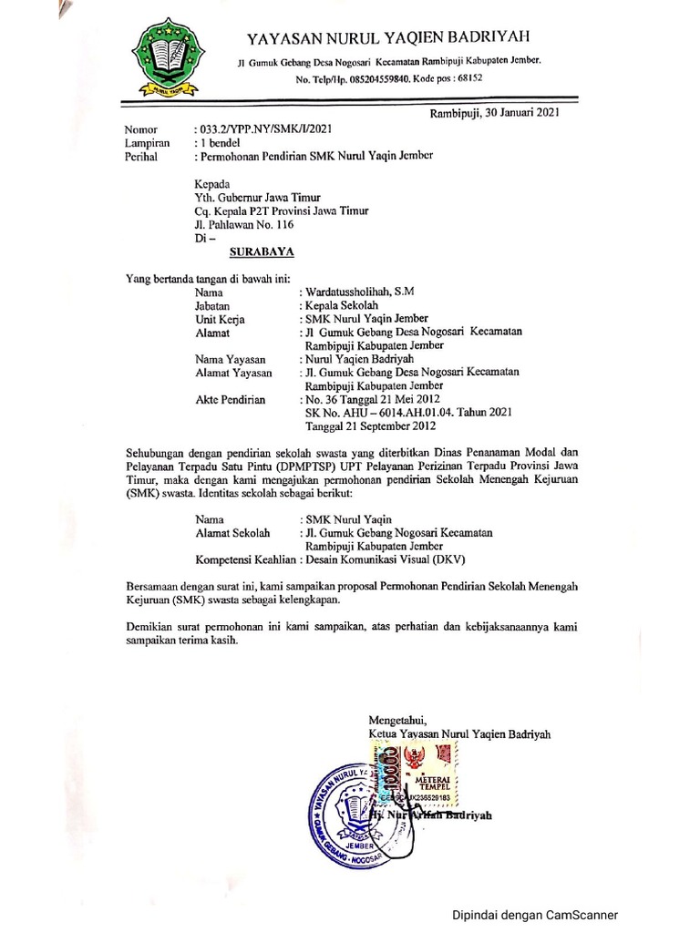 Surat Permohonan Ditujukan Kepada Kepala Dinas Penanaman Modal Dan Pelayanan Terpadu Satu Pintu ...