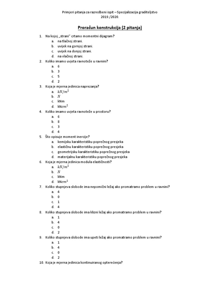 Primjeri Pitanja Za Razredbeni Ispit - Specijalizacija Graditeljstvo ...