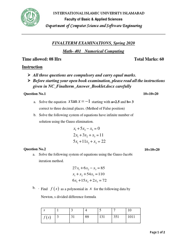 Final Term Examinations for Numerical Computing: Solutions to Systems ...