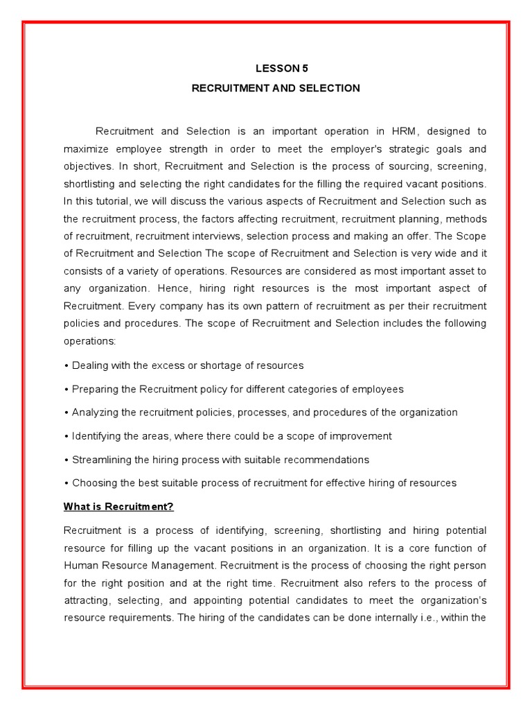Lesson 5 Recruitment and Selection | PDF | Recruitment | Employment