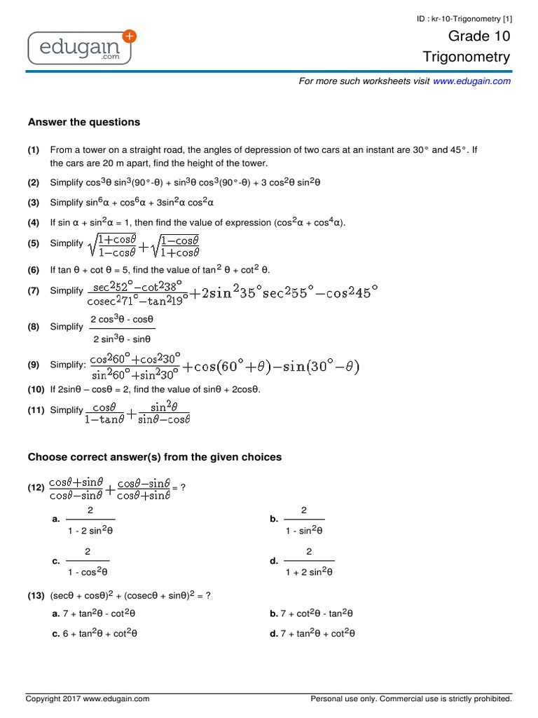 Grade 10 Trigonometry: Answer The Questions | PDF | Sine ...