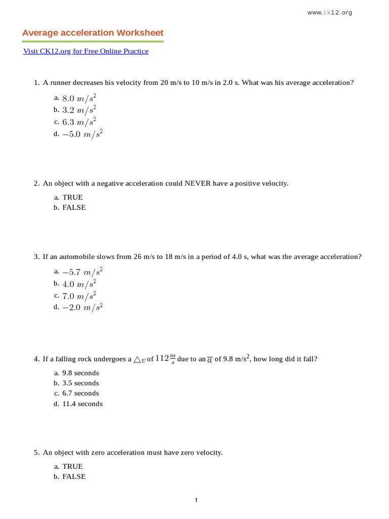 Average Acceleration Worksheet | PDF | Acceleration | Velocity