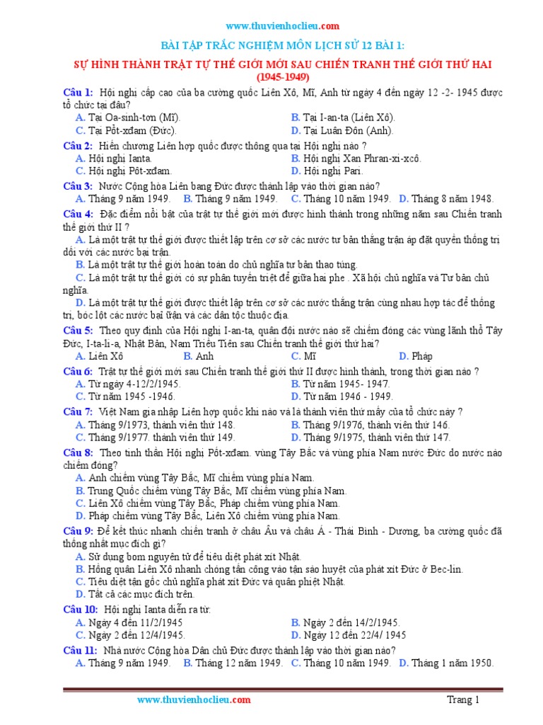 Trac Nghiem Lich Su 12 Bai 1 | PDF