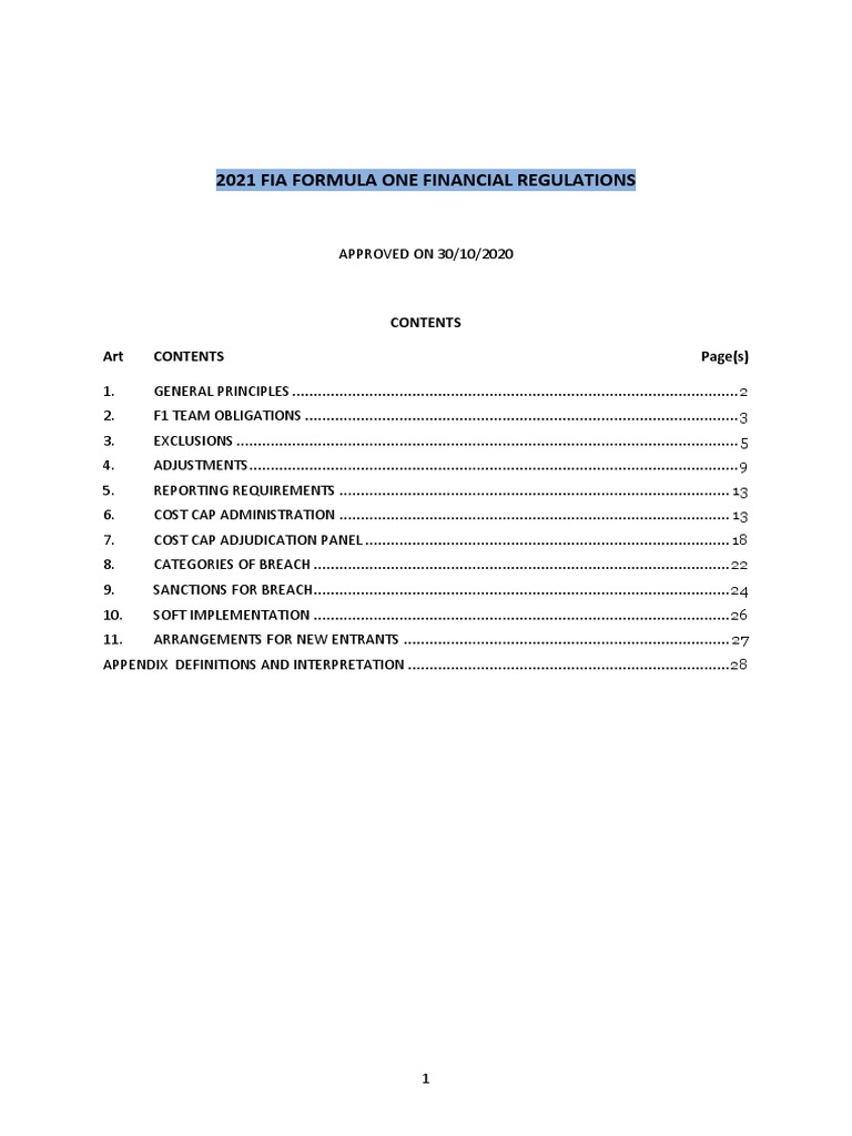 2021 Fia Formula One Financial Regulations: Art Page(s) | PDF | Formula ...