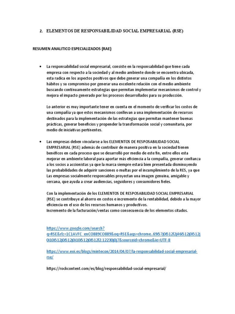 Elementos de Responsabilidad Social Empresarial Rae | PDF