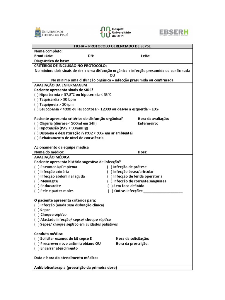 FICHA Protocolo de Sepse. - Cópia | PDF | Sepse | Imunologia