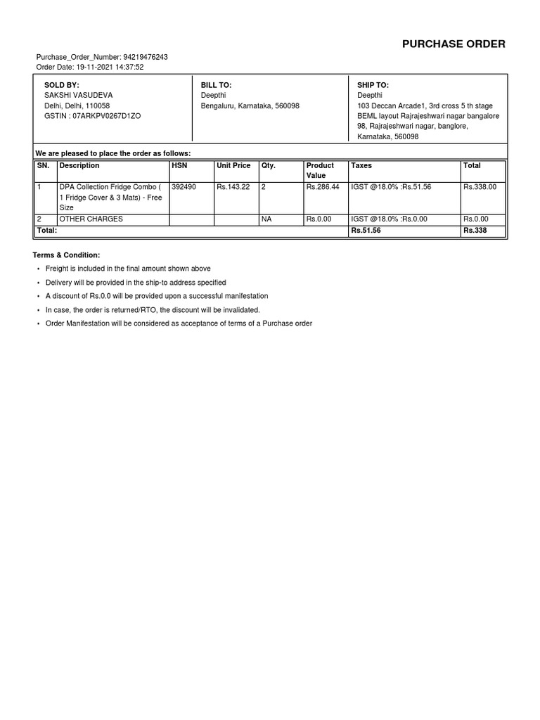 Purchase Order Terms and Details | PDF