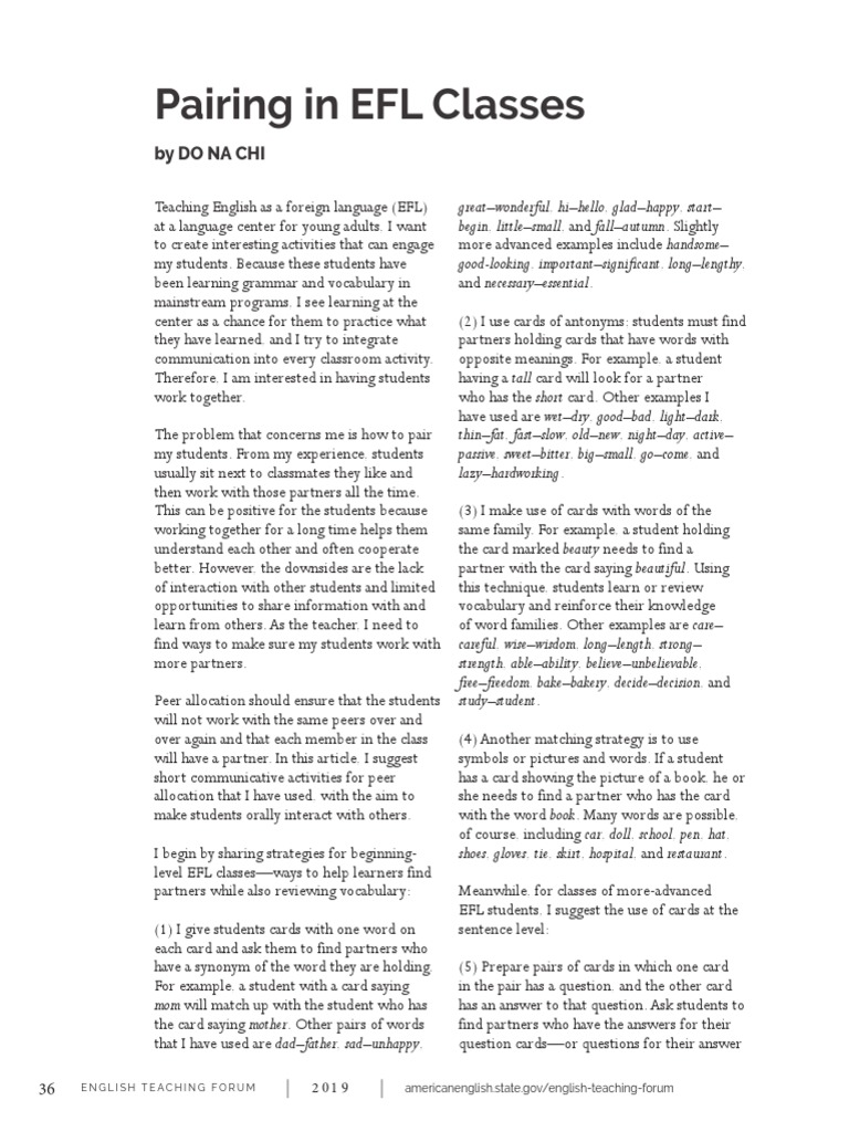 Pairing in EFl Classrooms | PDF | Question | English As A Second Or ...
