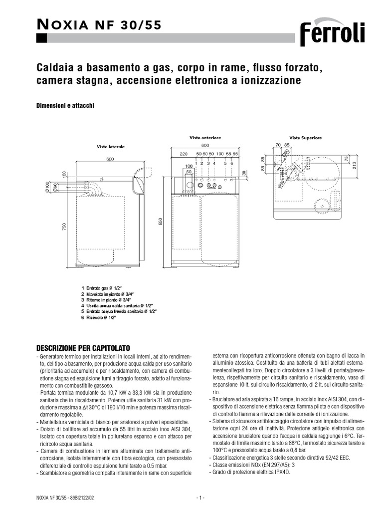 FERROLI Scheda Tecnica Caldaia Murale A Gas NOXIA NF 30 55 | PDF