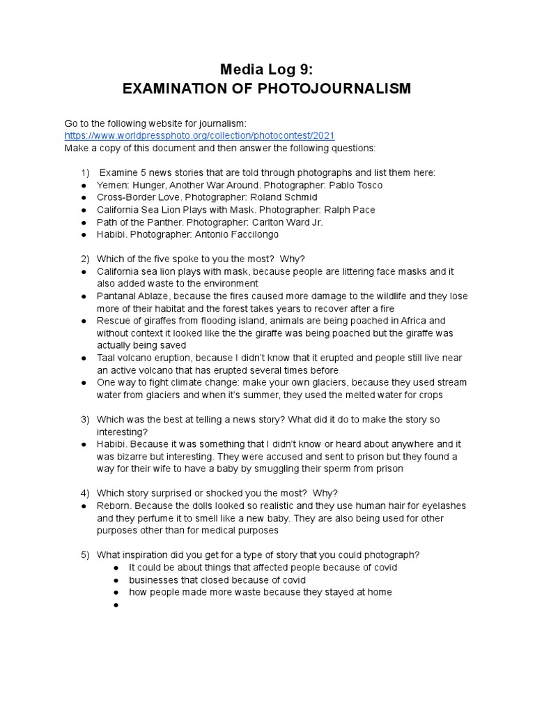 Media Log 9: Examination of Photojournalism | PDF