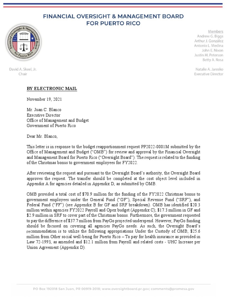 FOMB - Letter - OMB - Christmas Bonus FY22 | Download Free PDF | Office ...