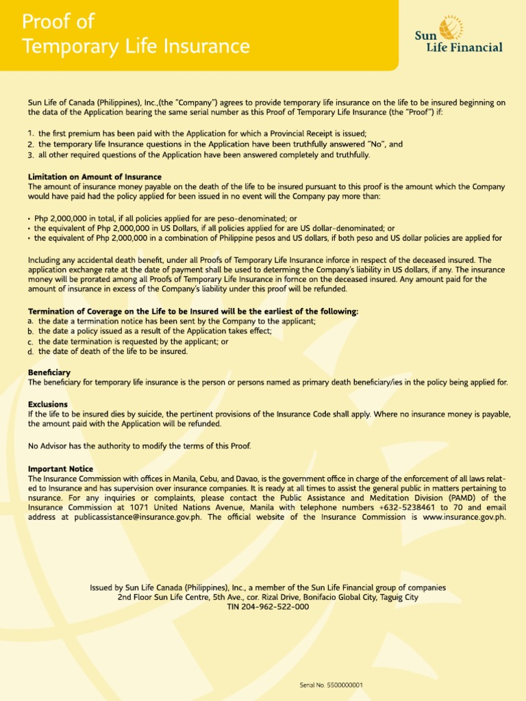 Proof of Temporary Life Insurance | PDF