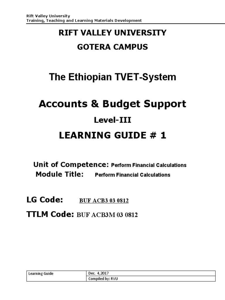 The Ethiopian TVET-System Accounts & Budget Support: Learning Guide # 1 ...