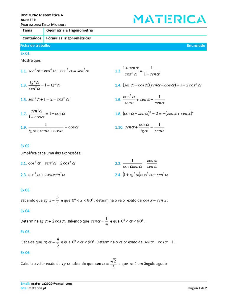 Ficha 3 Fórmulas Trigonométricas 11 | PDF | Trigonometría | Geometría ...