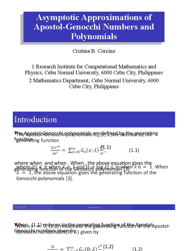 Asymptotic Approximations of Apostol-Genocchi Numbers and Polynomials | PDF | Polynomial ...