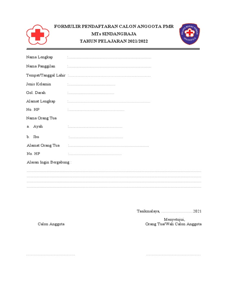 Formulir Pendaftaran Calon Anggota PMR | PDF