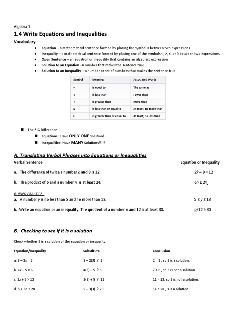 1.4 Write Equations and Inequalities: Vocabulary | PDF | Equations ...