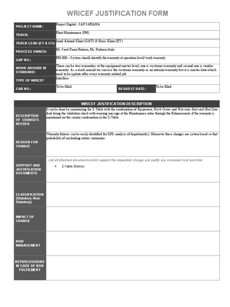 SAP S4/HANA PM Warranty Justification Form | PDF | Computing | Business