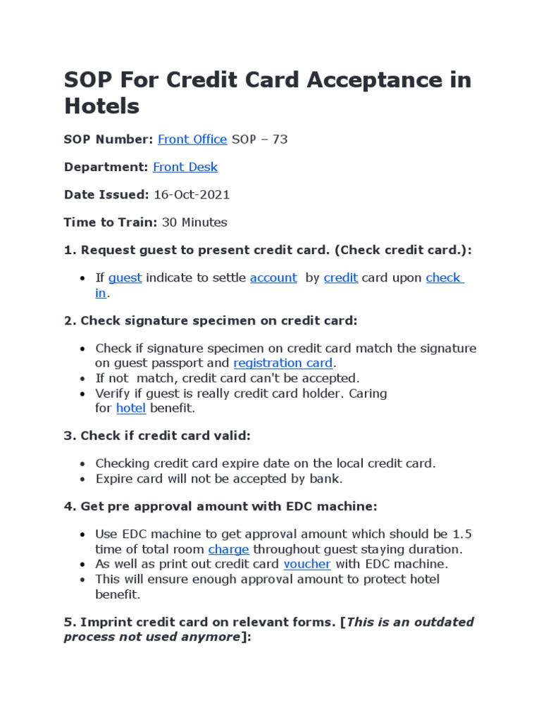 SOP For Credit Card Acceptance in Hotels | PDF | Credit Card | Credit
