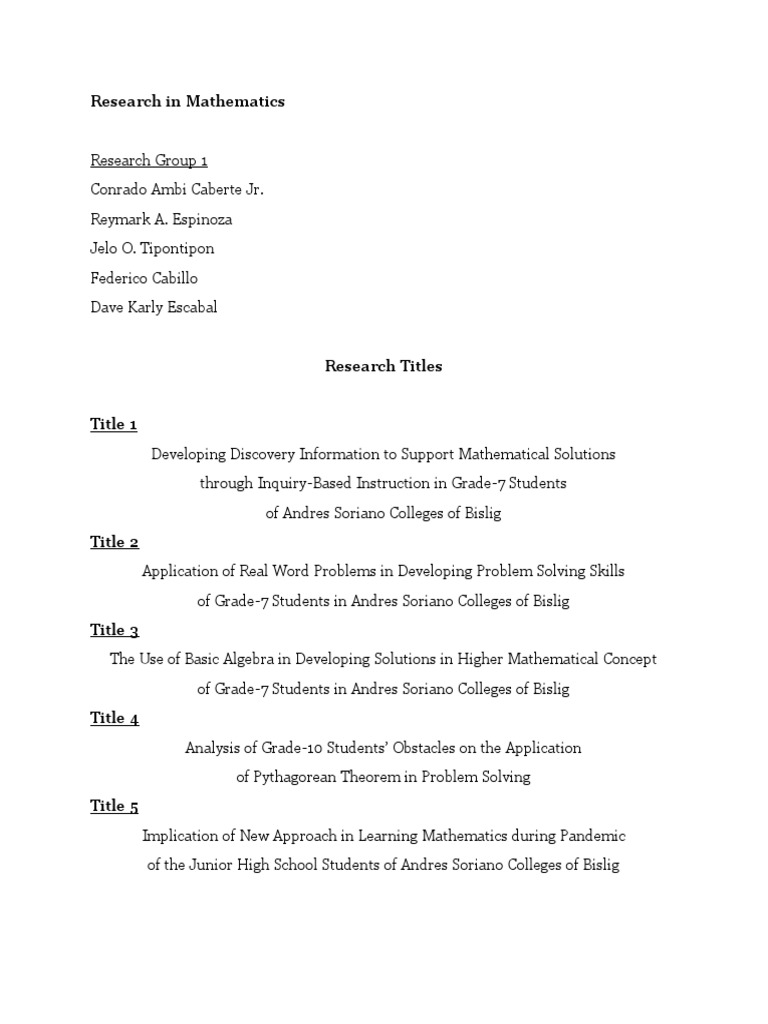 Research Title Ideas For Education Major in Mathematics | PDF
