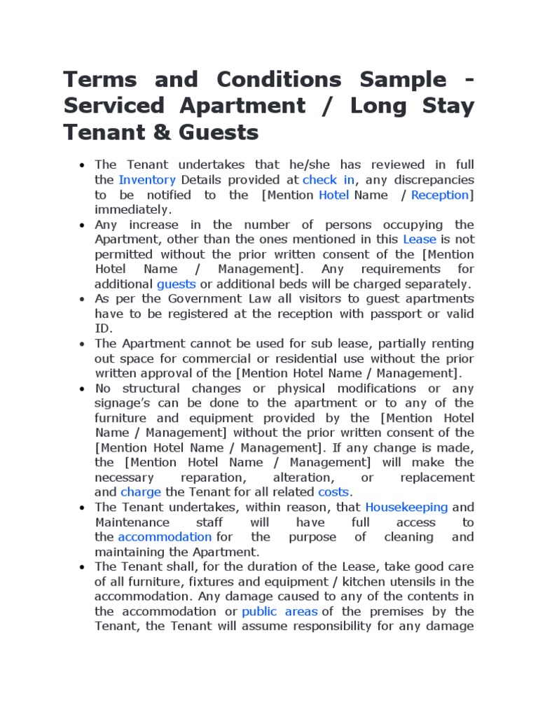 Terms and Conditions Sample - Serviced Apartment Long Stay Tenant ...