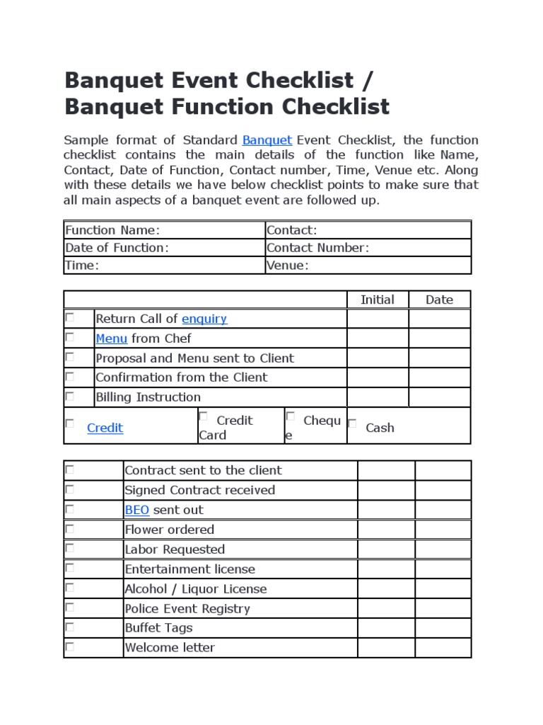 Banquet Event Checklist / Banquet Function Checklist | PDF