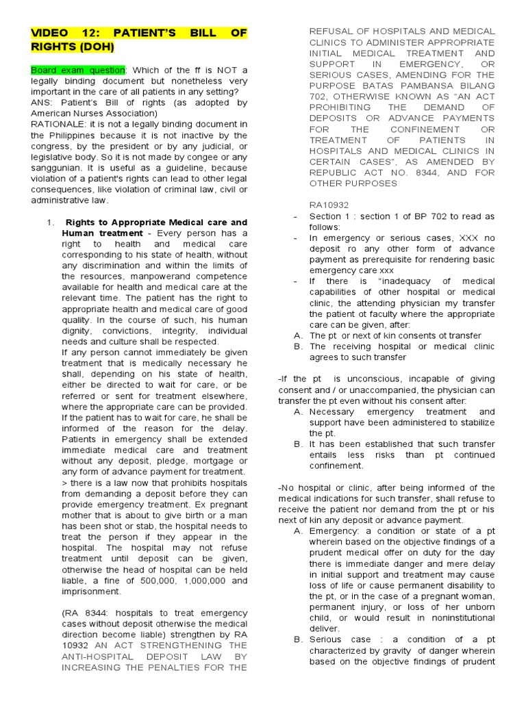 Video 12 Patients Bill of Rights Doh | PDF | Patient | Medical Record
