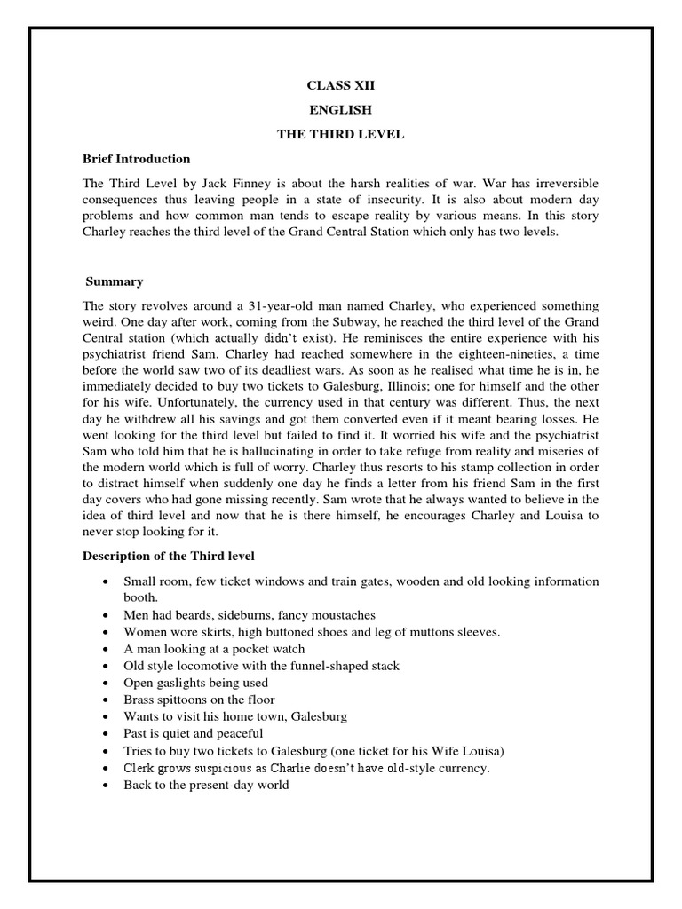 Class Xii English The Third Level Brief Introduction | PDF