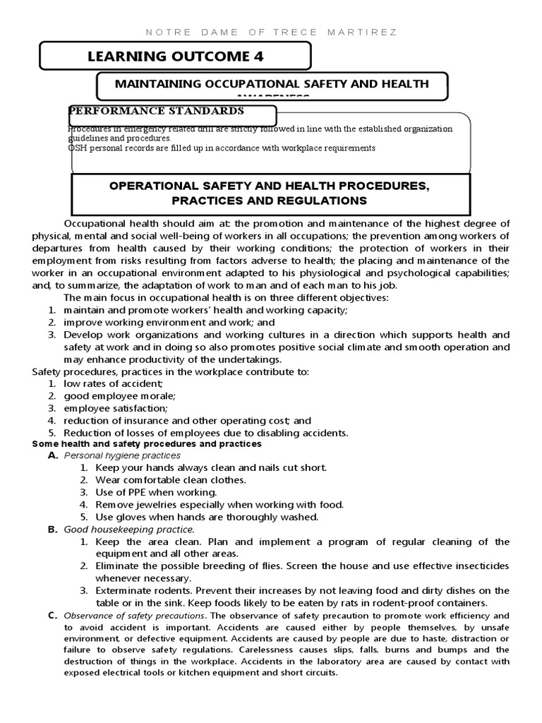 Learning Outcome 4: Maintaining Occupational Safety and Health ...