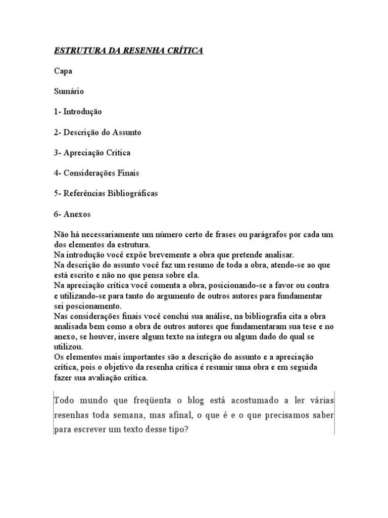 ESTRUTURA DA RESENHA CRÍTICA | Autor | Livros