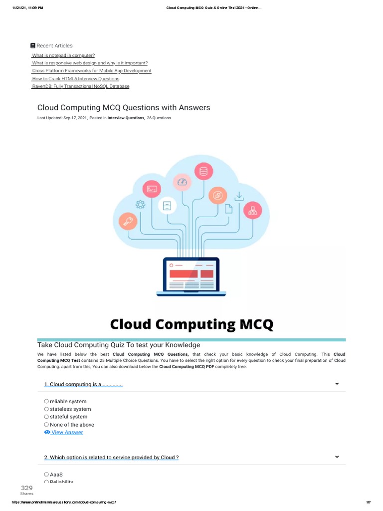 Cloud Computing MCQ Quiz & Online Test 2021 - Online.. | PDF | Cloud ...