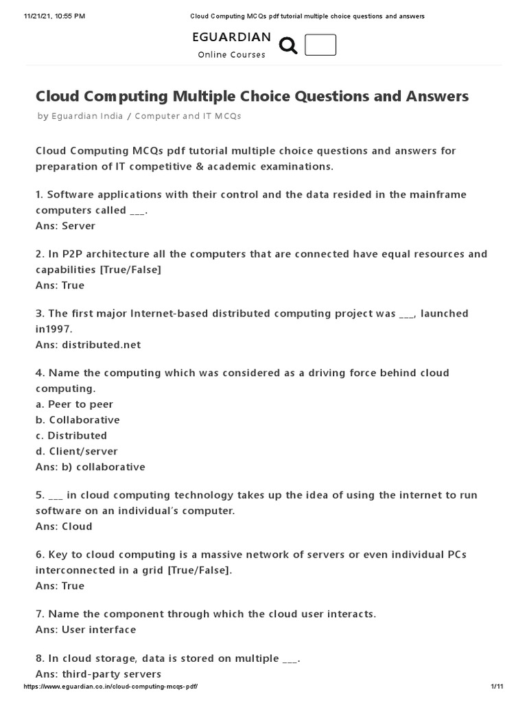 Cloud Computing MCQs PDF Tutorial Multiple Choice Questions and Answers | PDF | Cloud Computing ...