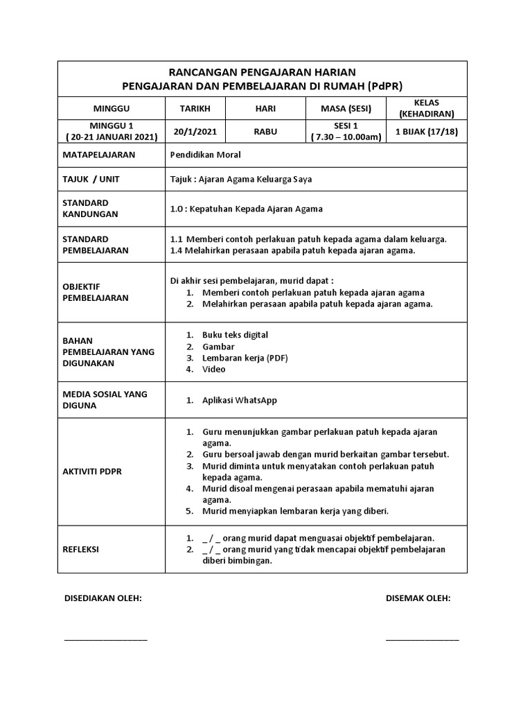Contoh Format RPH PDPR | PDF