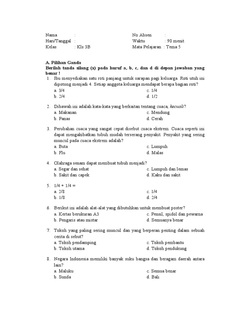 Soal Ujian Kls 3B Tema 5 | PDF | Griya & Taman