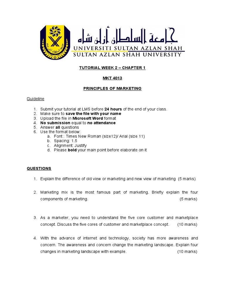 Tutorial Week 2 - Chapter 1 MKT 4013 Principles of Marketing | PDF