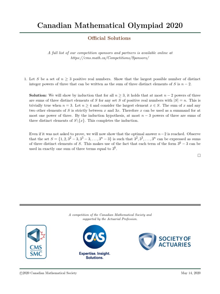 Canadian Mathematical Olympiad 2020: Official Solutions | PDF | Square Root | Numbers