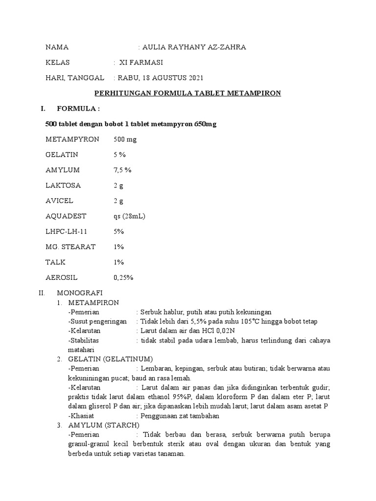 Formula dan Proses Tablet Metampiron | PDF